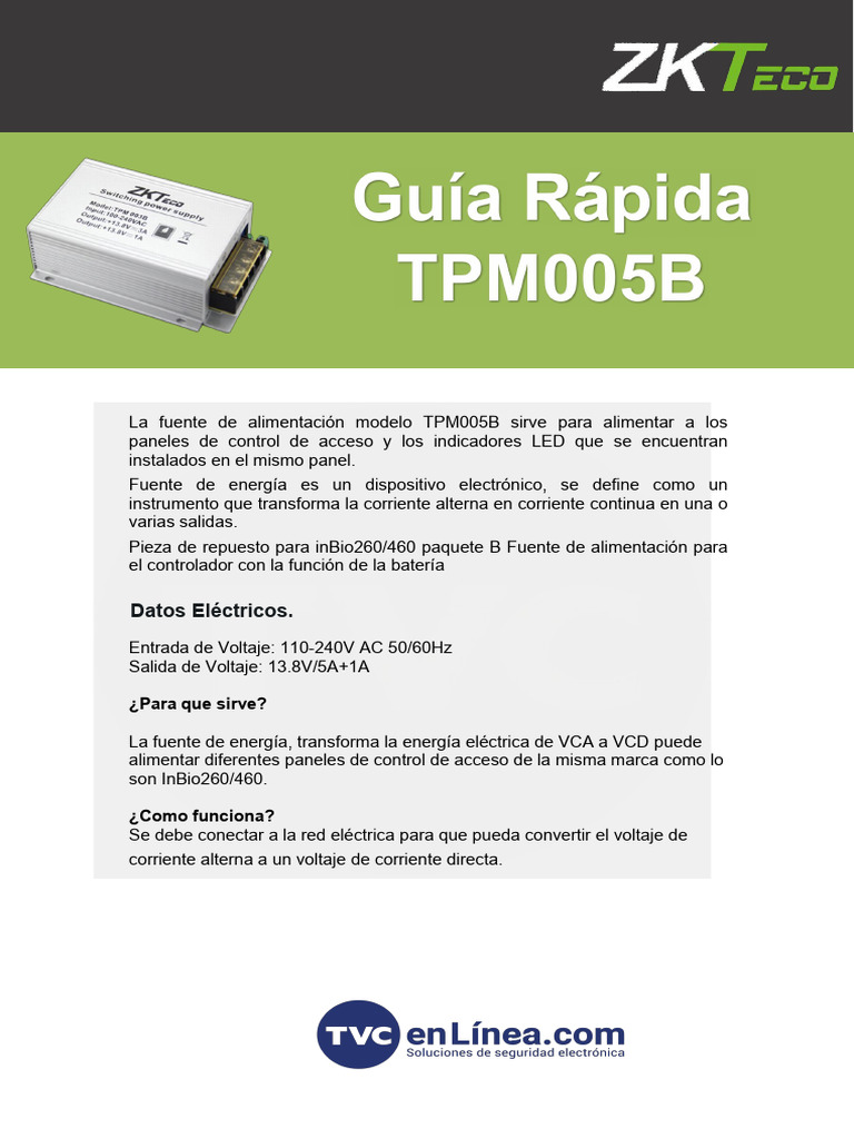 ZKTECO TPM005B FUENTE DE ENERGÍA GUÍA RÁPIDA ESPAÑOl | PDF