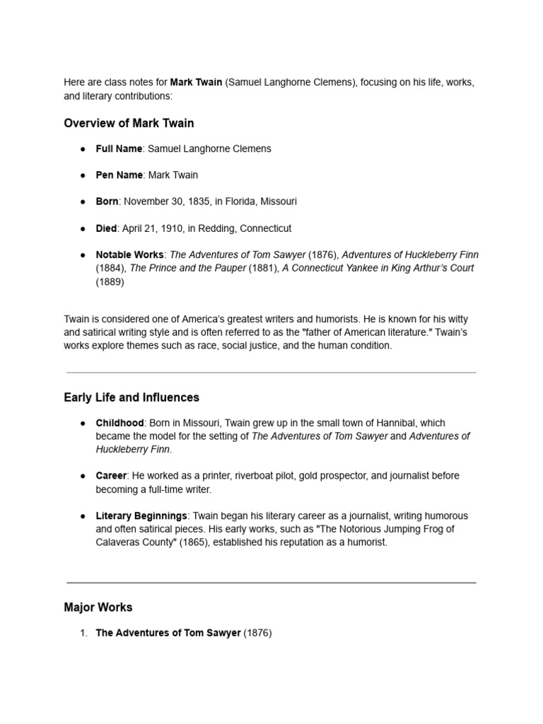 Class Notes For Mark Twain | PDF | Huckleberry Finn | Mark Twain