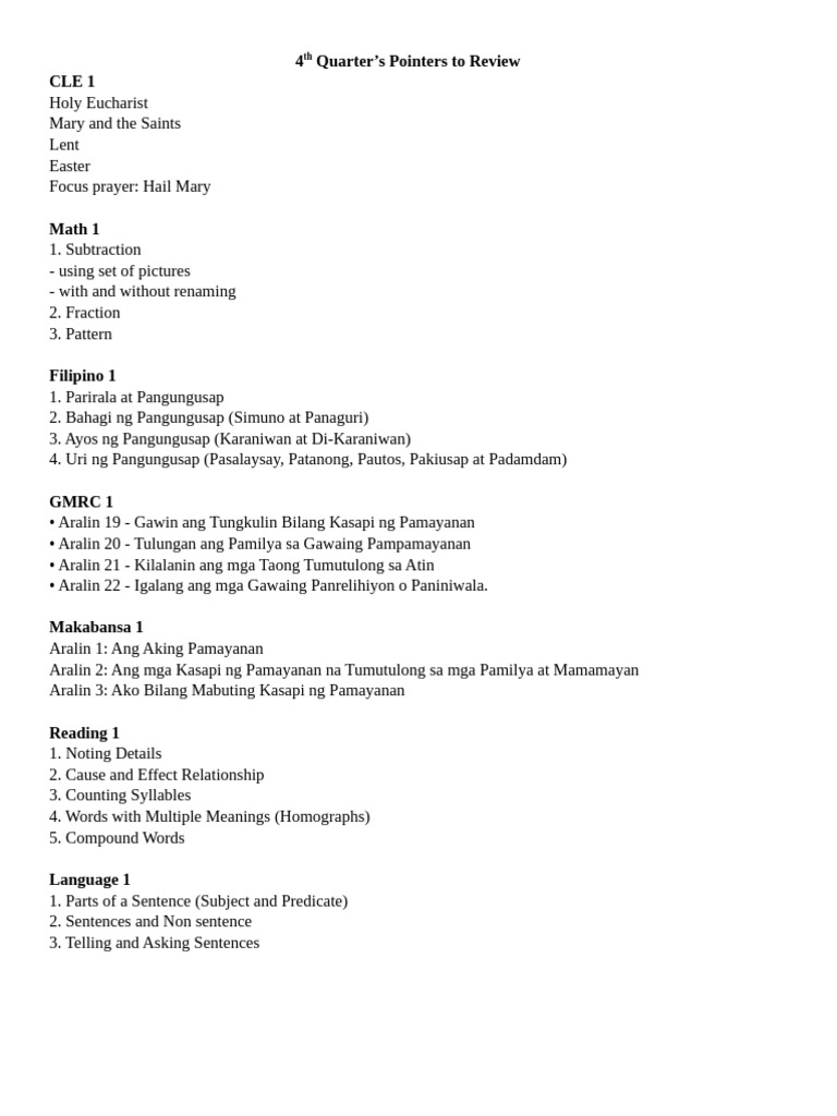 Grade1 Pointers To Review - 4th Quarter | PDF