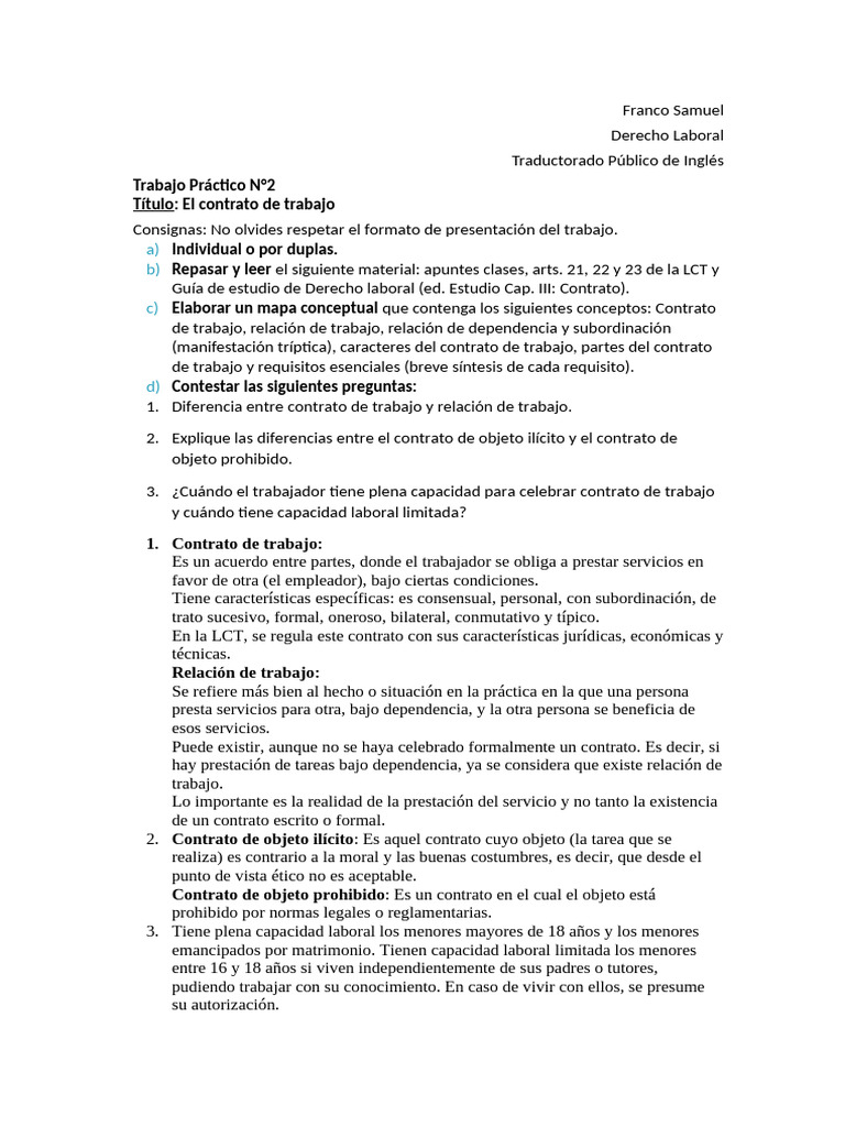 Franco Samuel - TP2 El Contrato de Trabajo | PDF | Derecho laboral | Justicia