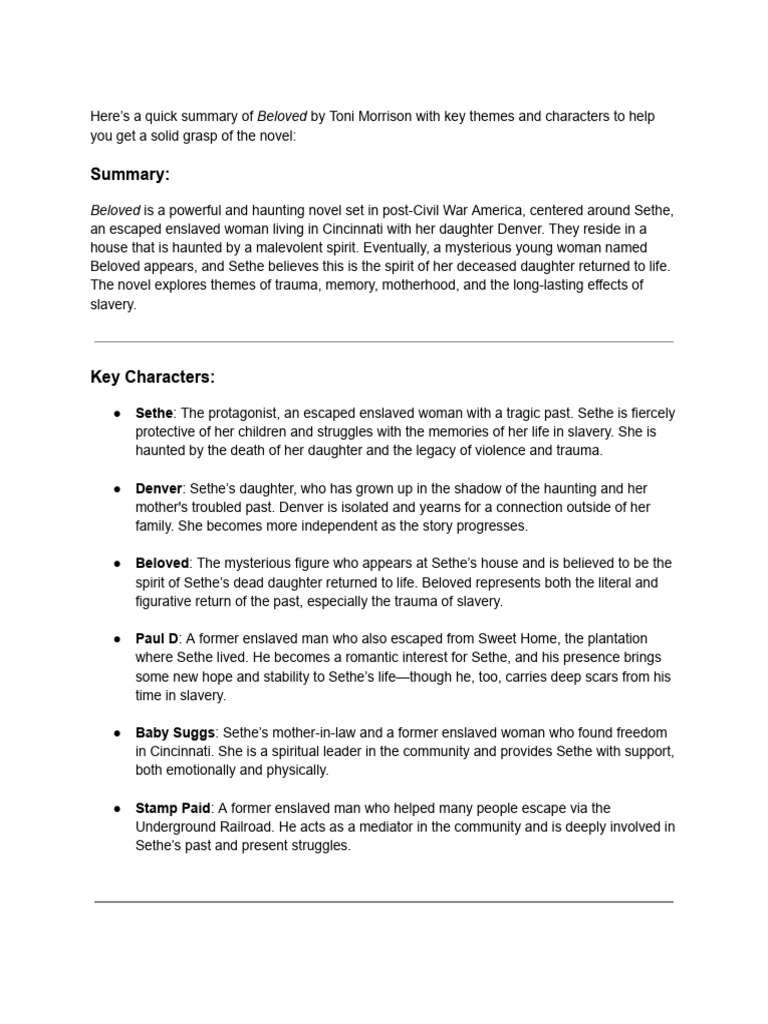 Summary of Beloved by Toni Morrison | PDF