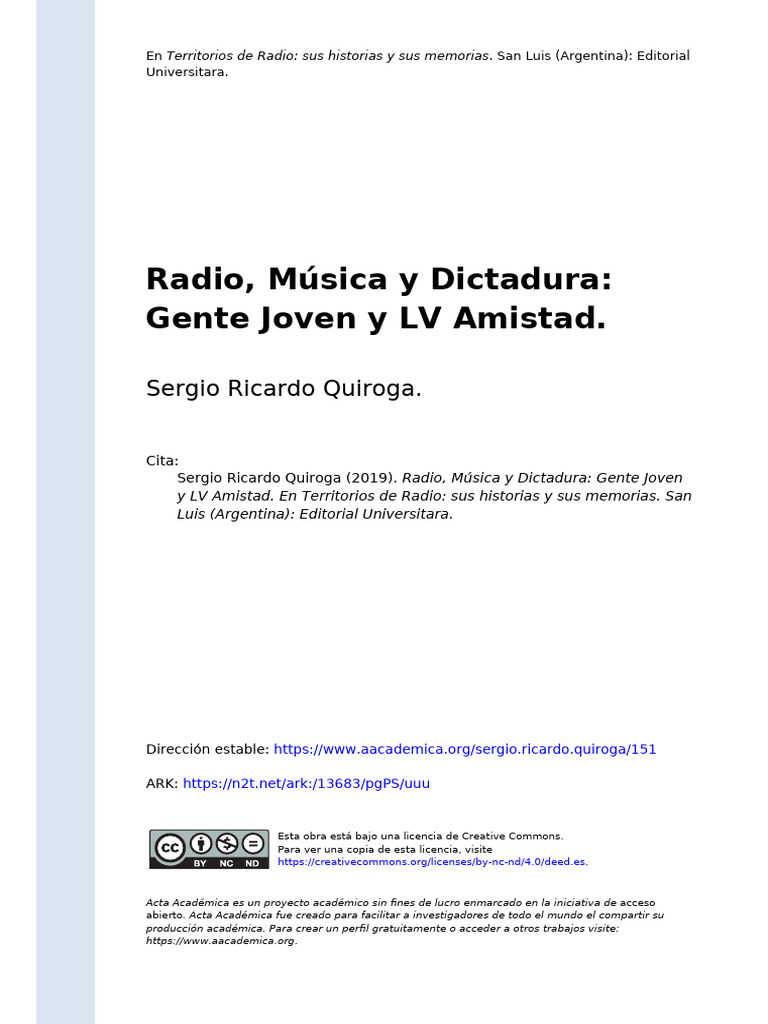 Sergio Ricardo Quiroga (2019) - Radio, Música y Dictadura Gente Joven y LV Amistad | PDF | Radio ...