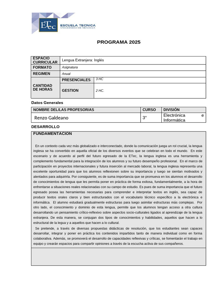 Currículo de Inglés para Electrónica 2025 | PDF | Maestros | Traducciones