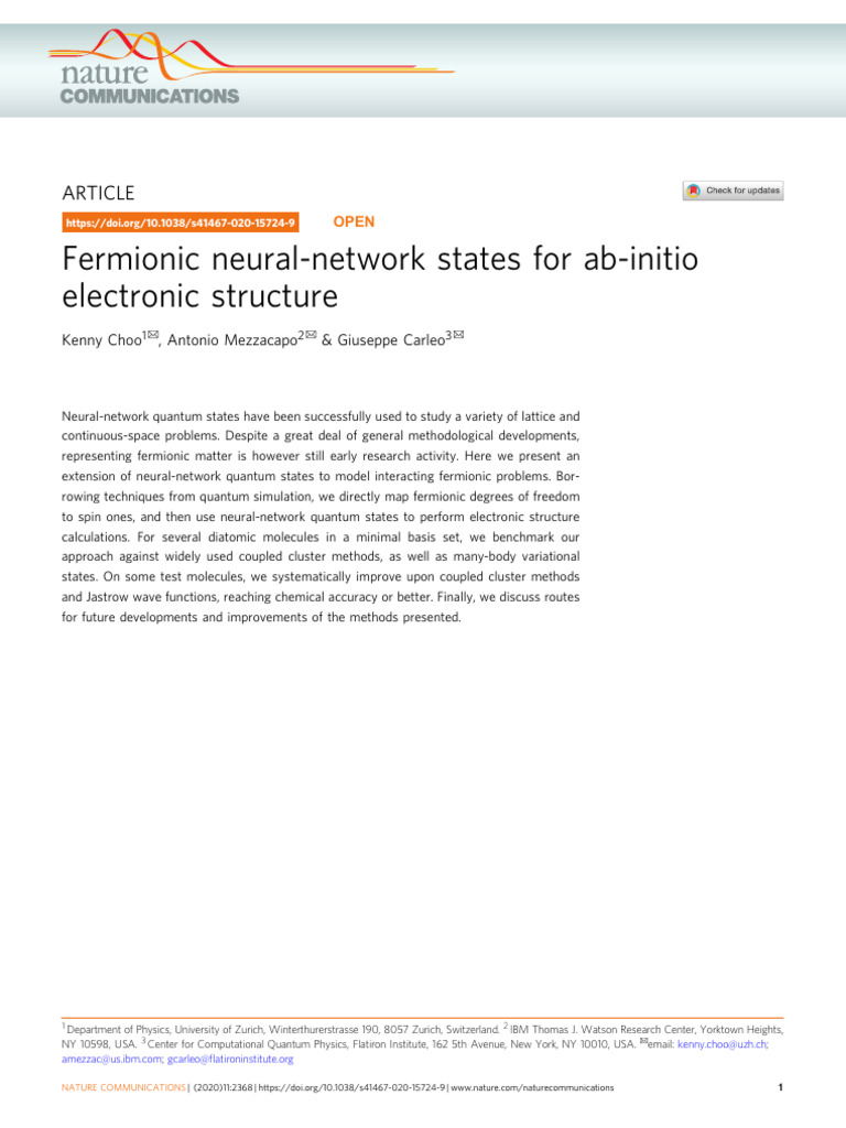 Choo et al. - 2020 - Fermionic neural-network states for ab-initio ...