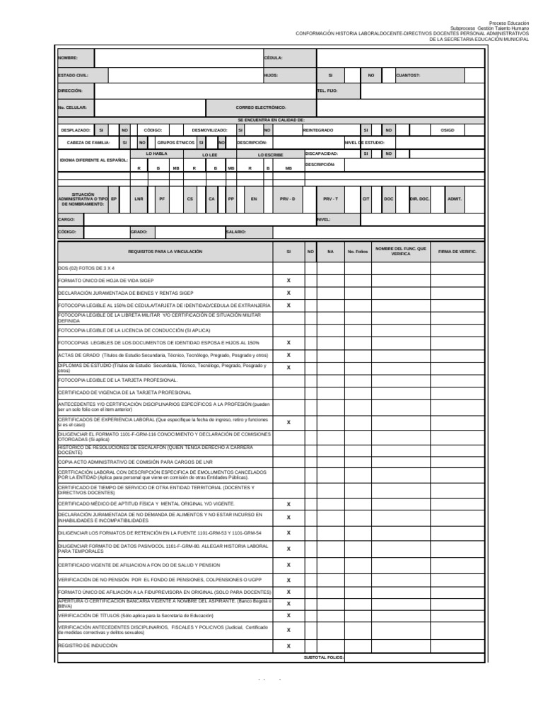 Formato 1501-F-GTH-53-V1 Formato Conformacion Historia Laboral Docentes ...