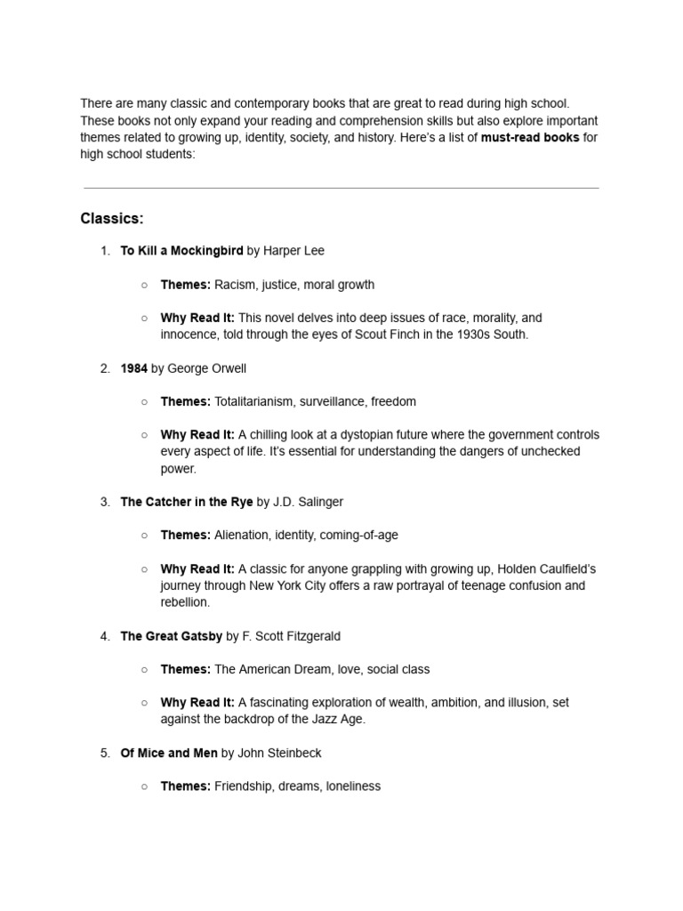 Must-Read Books During High School | PDF