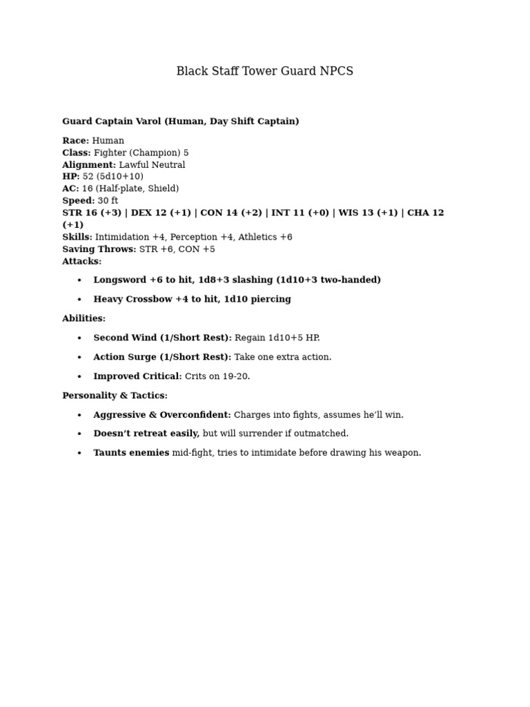 Black Staff Tower Guard NPCS | PDF