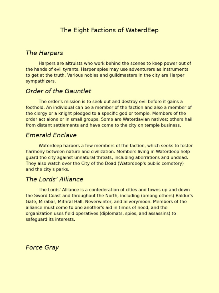 The Eight Factions of WaterdEep | PDF