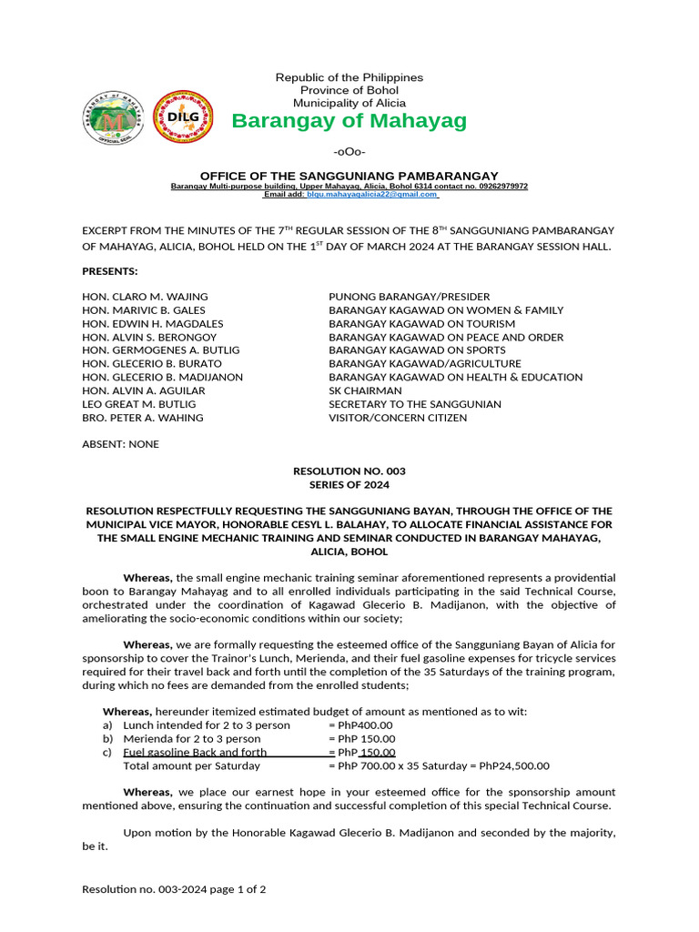 003-2024 RESOLUTION RESPECTFULLY REQUESTING THE SANGGUNIANG BAYAN, THROUGH THE OFFICE OF THE ...