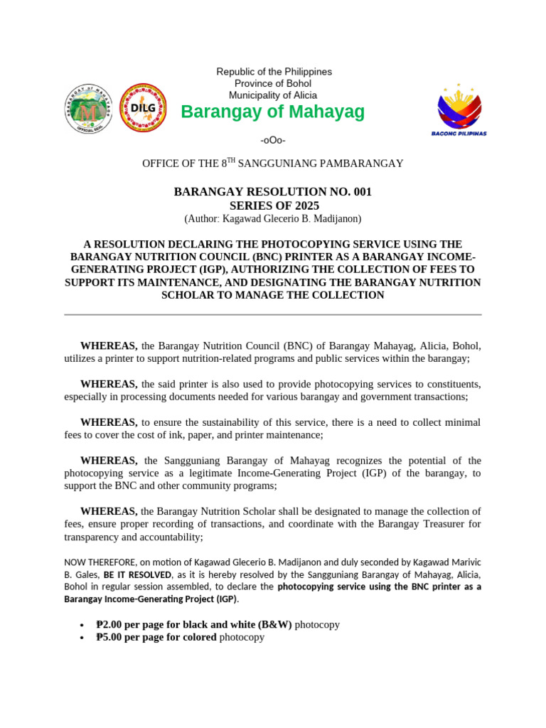 Mahayag Barangay Photocopying IGP Resolution | PDF