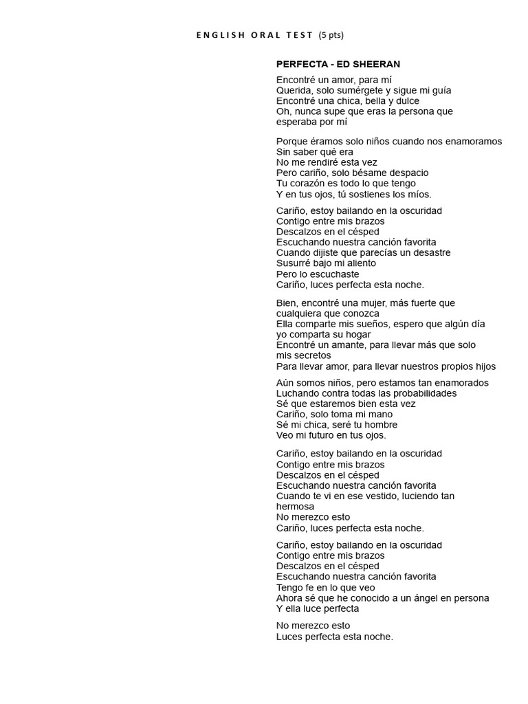 Oral Test, Perfect - Ed Sheeran - 050434 | PDF | Grabación de sonido ...