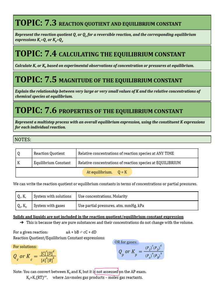 7.3, 4, 5, & Amp 6 K and Q Key | PDF | Chemical Equilibrium | Chemical ...