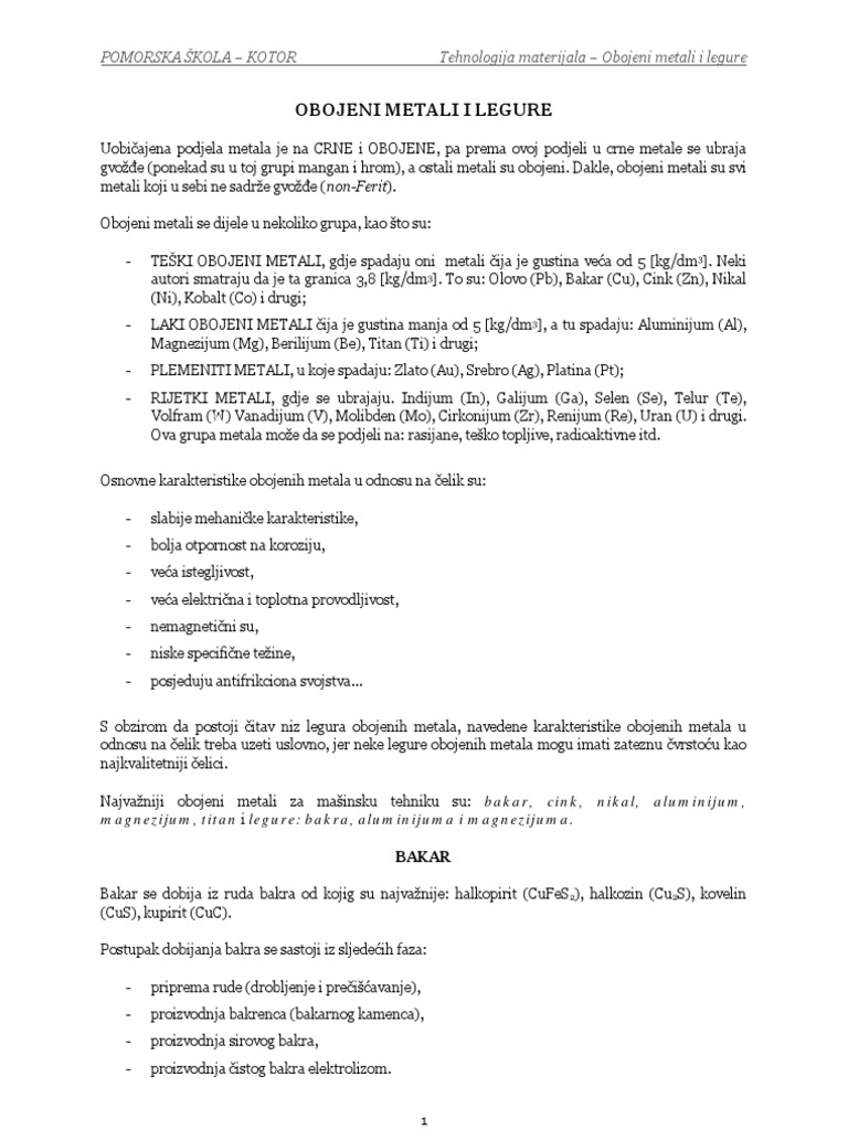 Obojeni Metali I Legure - Moja Skripta | PDF