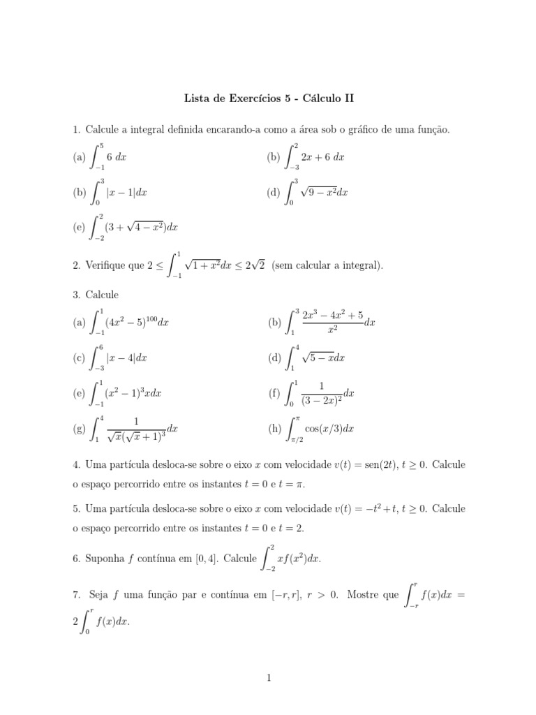 Exercícios de Cálculo II: Integrais e Funções | PDF | Analise ...