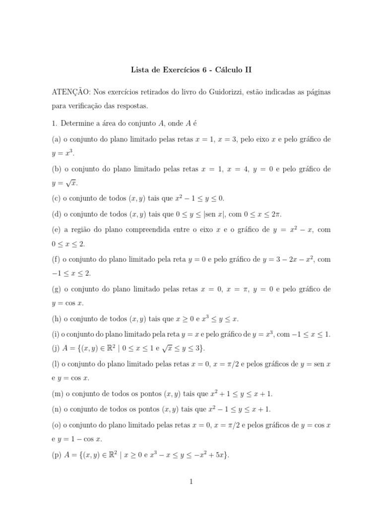 Lista de Exercícios 6 - Cálculo II | PDF | Matemática