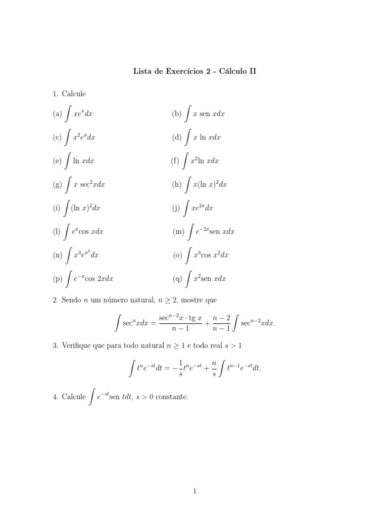 Lista de Exercícios 2 - Cálculo II | PDF