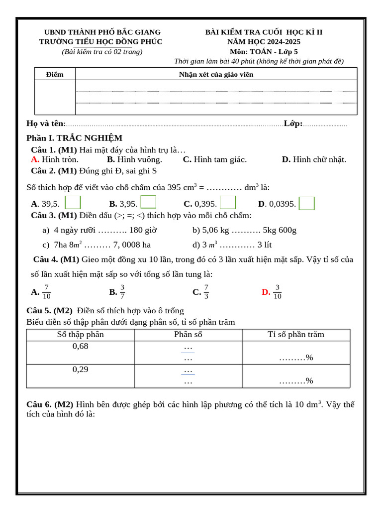 H NH BKT Toán 5-CK2 | PDF