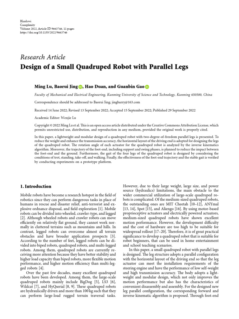 Design of A Small Quadruped Robot With Parallel Le | PDF | Kinematics | Robot