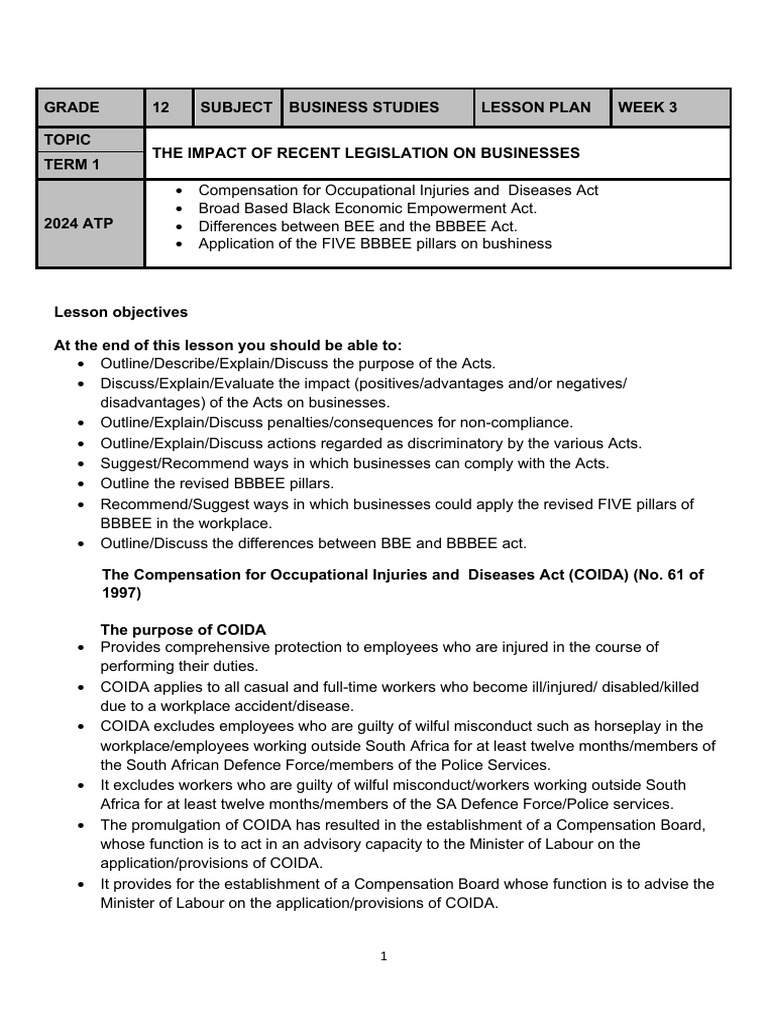 Y 2024 GRADE 12 BUSINESS STUDIES LESSON PLANS T1 WEEK 3 and 4 - 1 | PDF ...