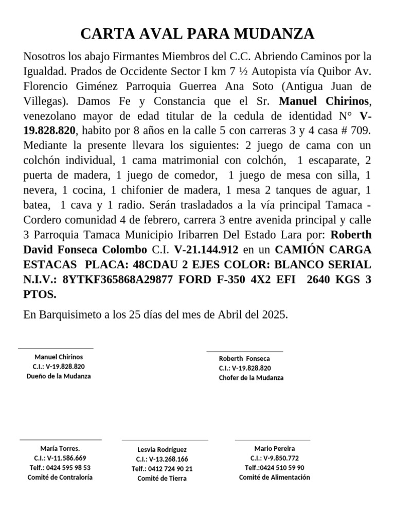 CARTA AVAL PARA MUDANZA - Docx PRADOS SECTOR I | PDF