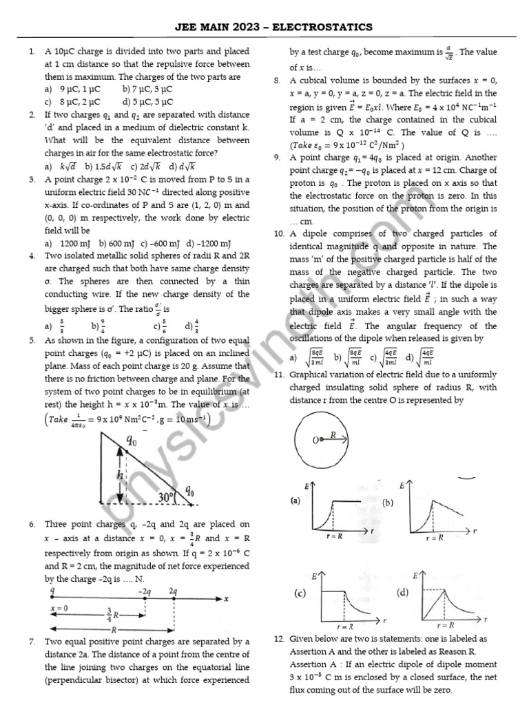 JEE Main 2023: Electrostatics Questions | PDF | Electric Field | Electron