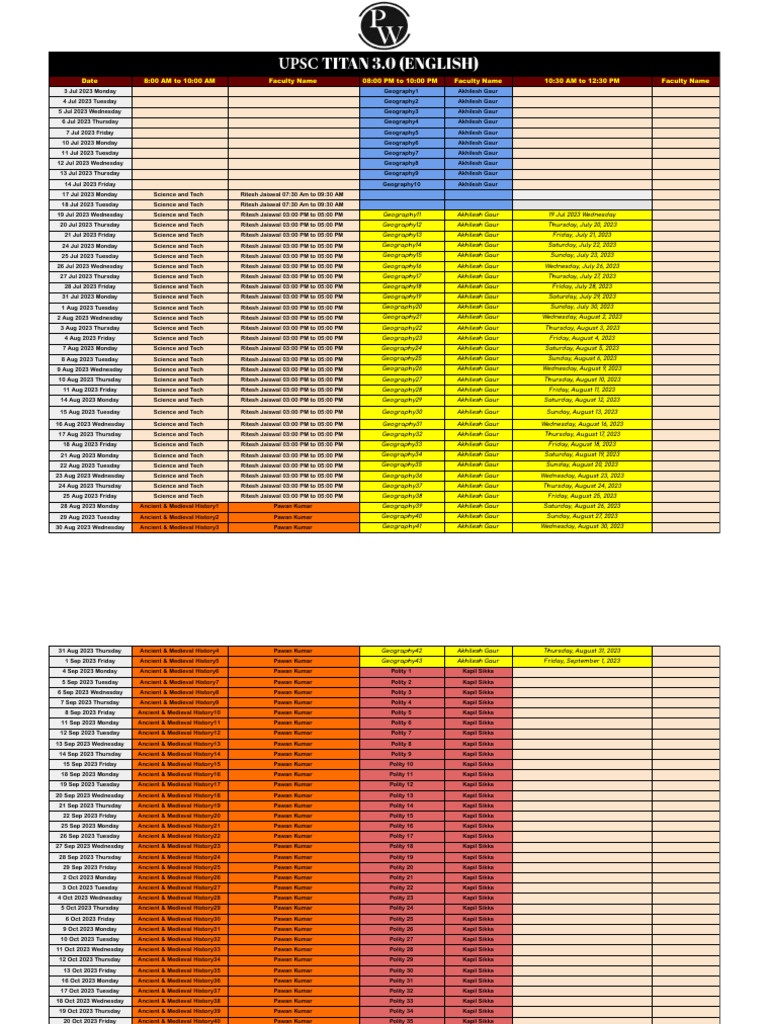 Lecture Planner __ UPSC Titan 3.0 (English) | PDF