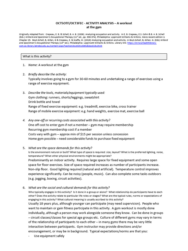 SAMPLE Activity Analysis OTF-FEC - A Workout at The Gym | PDF ...