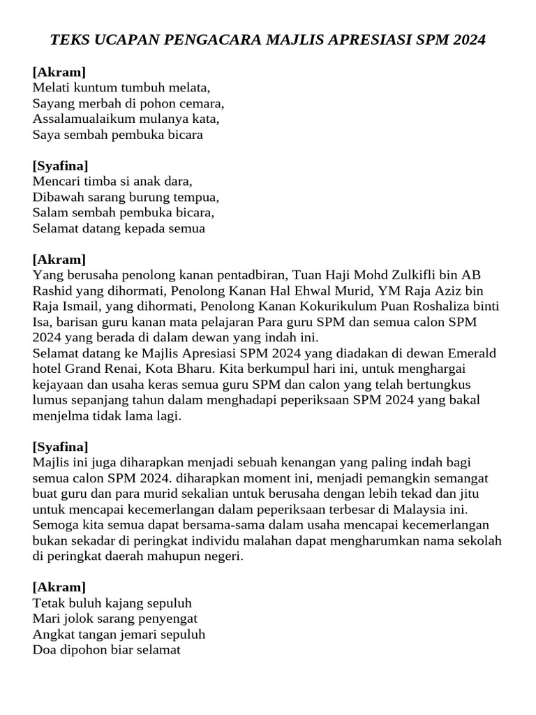 Teks Ucapan Pengacara Majlis Apresiasi SPM 2024 | PDF