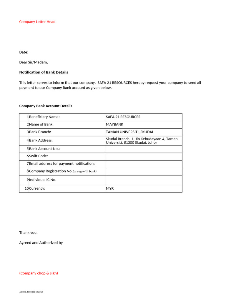 Company Bank Details Notification Letter | PDF