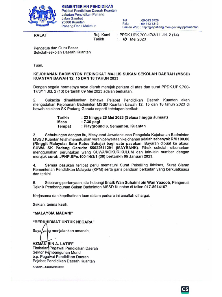Kejohanan Badminton MSSD | PDF
