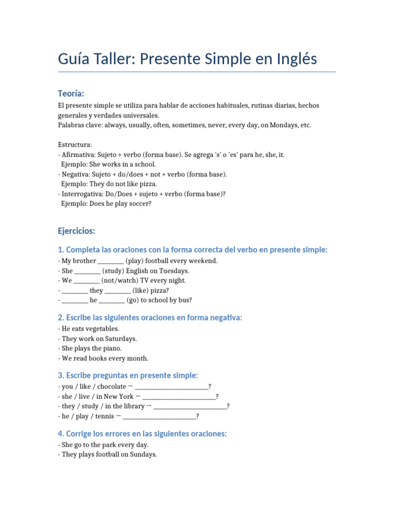 Taller Presente Simple Teoria y Ejercicios | PDF
