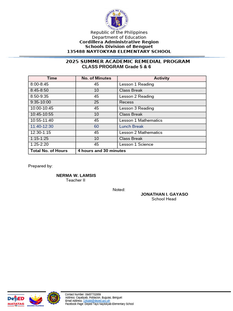 Class-Program in Summer Remedial Program 2025 | PDF | Social ...