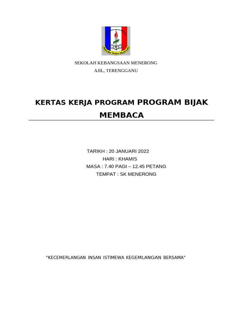 KERTAS KERJA PROGRAM BIJAK MEMBACA SK MENERONG 2023 format baru | PDF