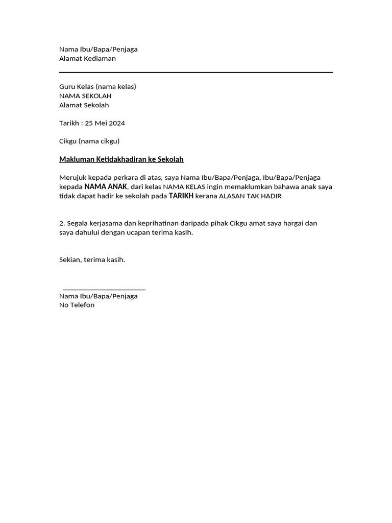 Contoh Surat Cuti Sekolah Anak | PDF