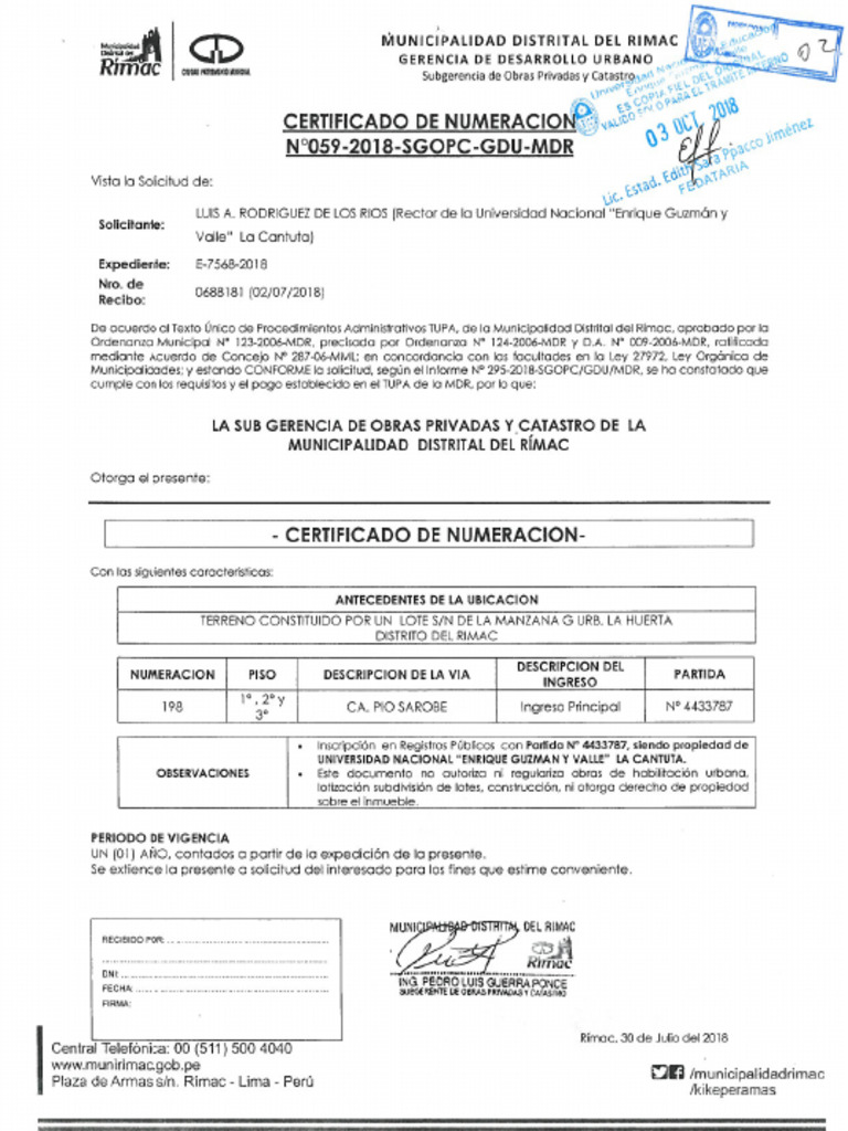 Certificado de Numeración Local Sl03 | PDF