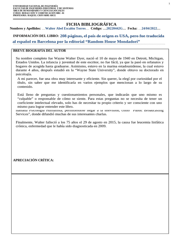 1° FICHA BIBLIOGRÁFICA CORREGIDA | PDF | Sicología | Ciencias del comportamiento