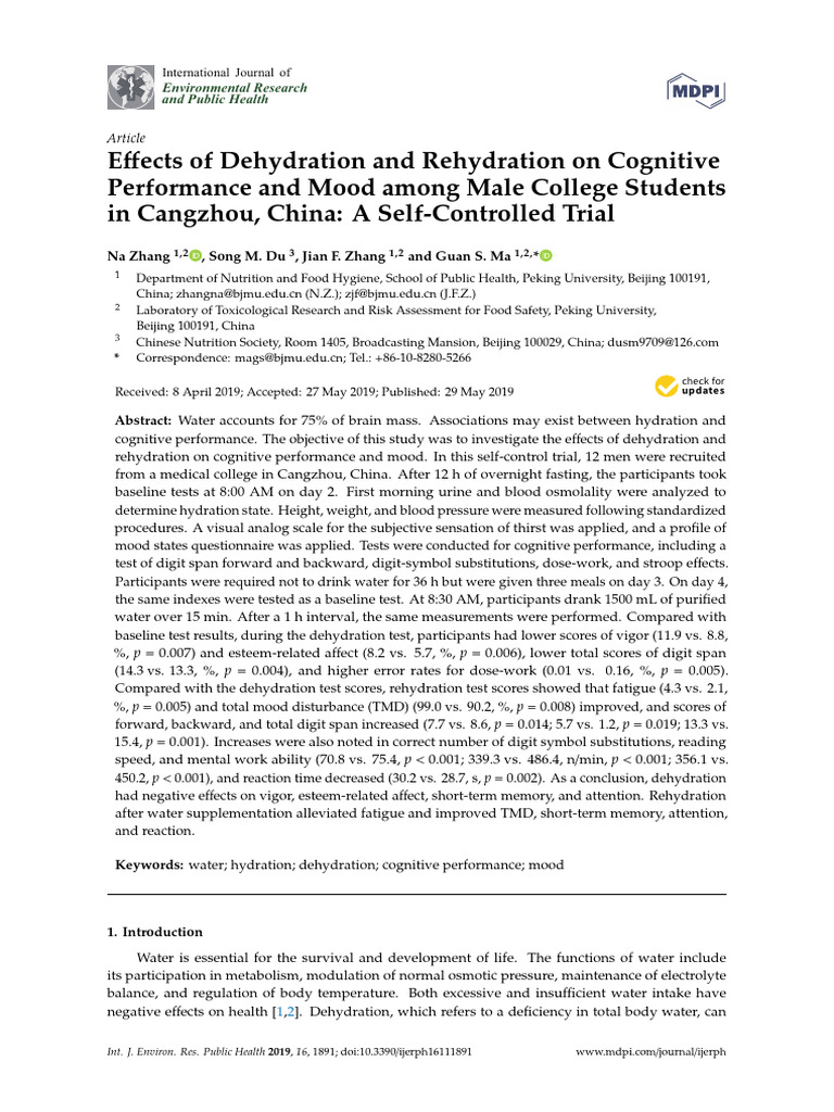 Effects of Dehydration and Rehydration On Cognitive Performance | PDF ...