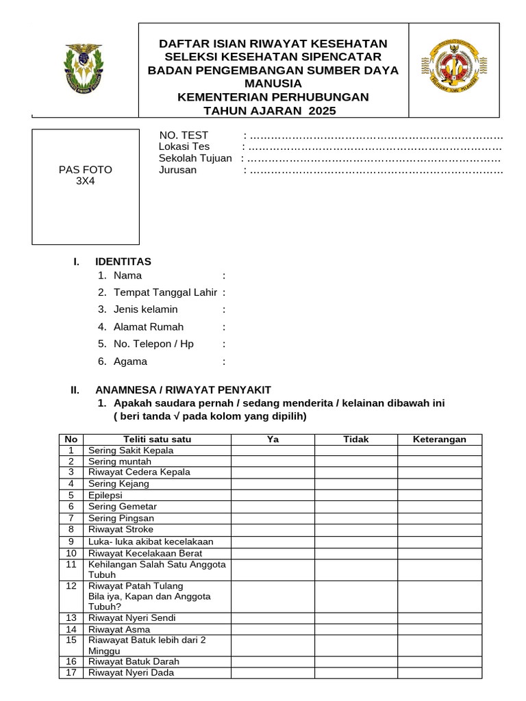 Formulir Riwayat Kesehatan Sipencatar | PDF