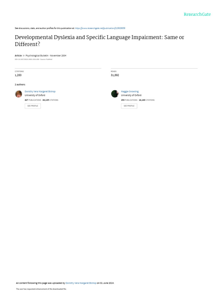 Bishop, D. - Snowling, M. (2004) - Developmental Dyslexia and Specific Language Impairment Same ...