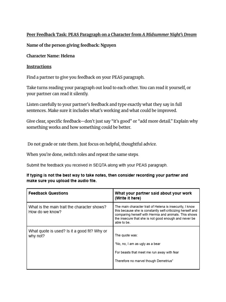 Elizabeth 7.4 - PEAS Peer Feedback | PDF | Human Communication