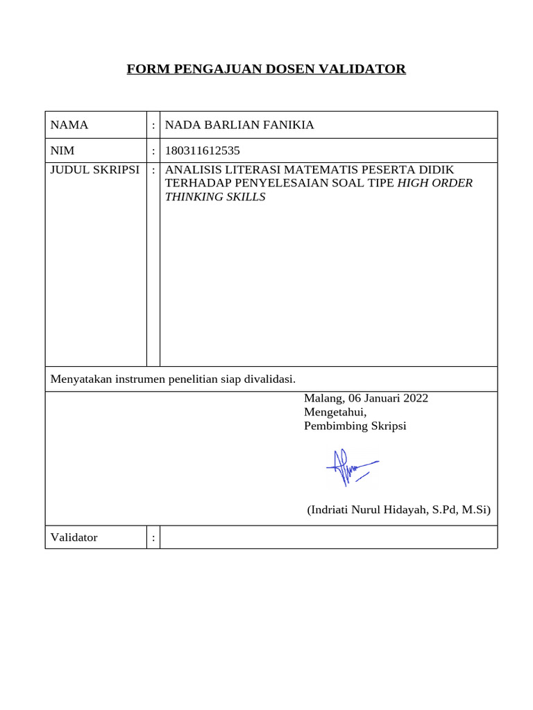 FORM PENGAJUAN DOSEN VALIDATOR_NADA BARLIAN FANIKIA_180311612535 | PDF