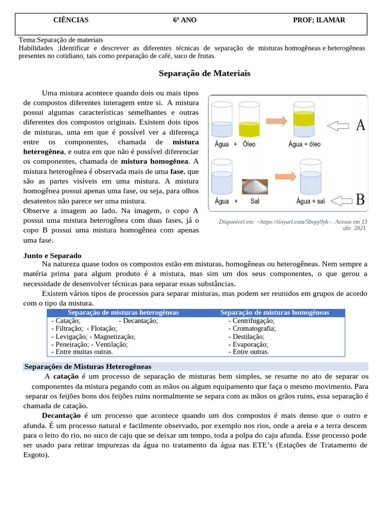 Métodos de Separação de Misturas | PDF | Mistura | Destilação