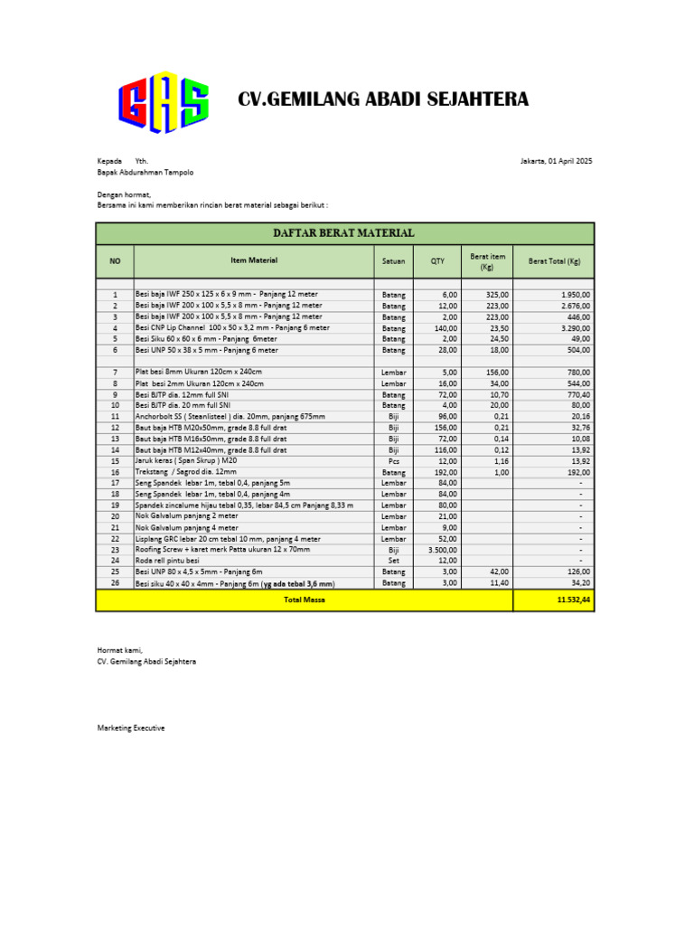 Data Berat Marerial | PDF