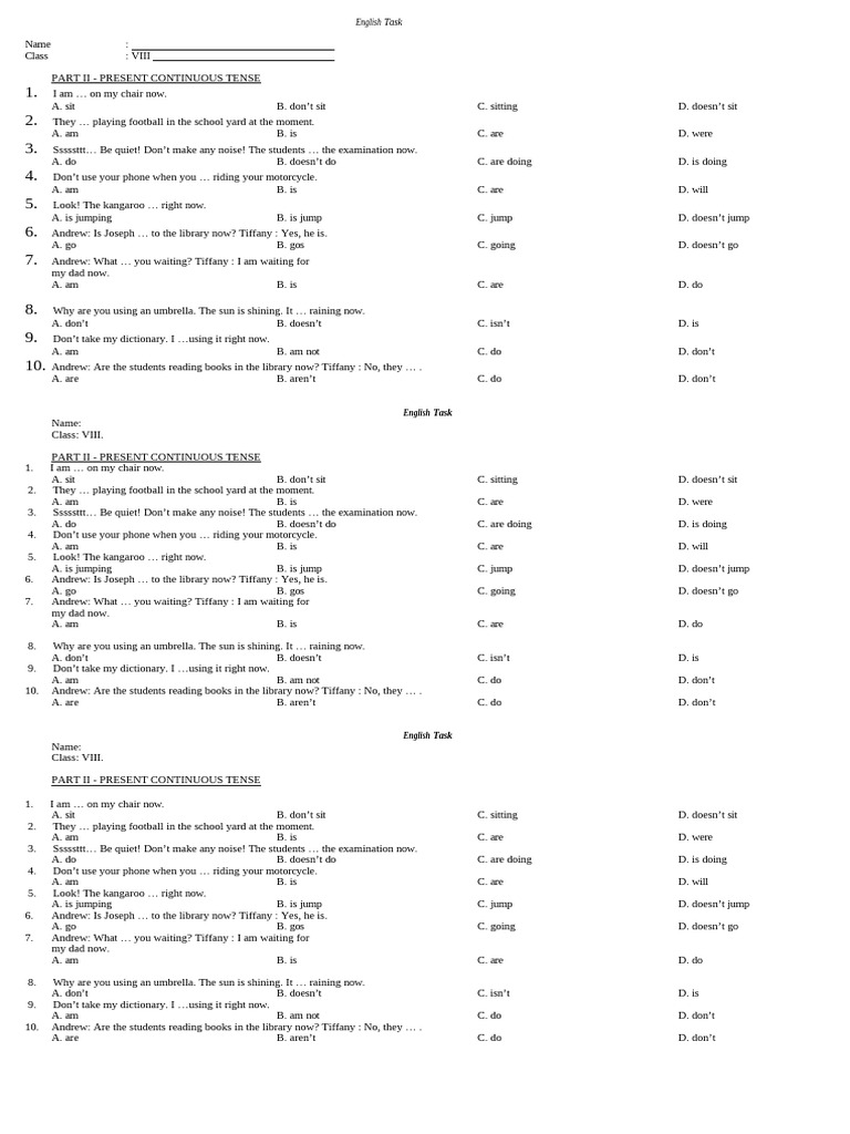 Soal Bahasa Inggris Kelas 8 Simple Present Tense Present Continuous Tense | PDF