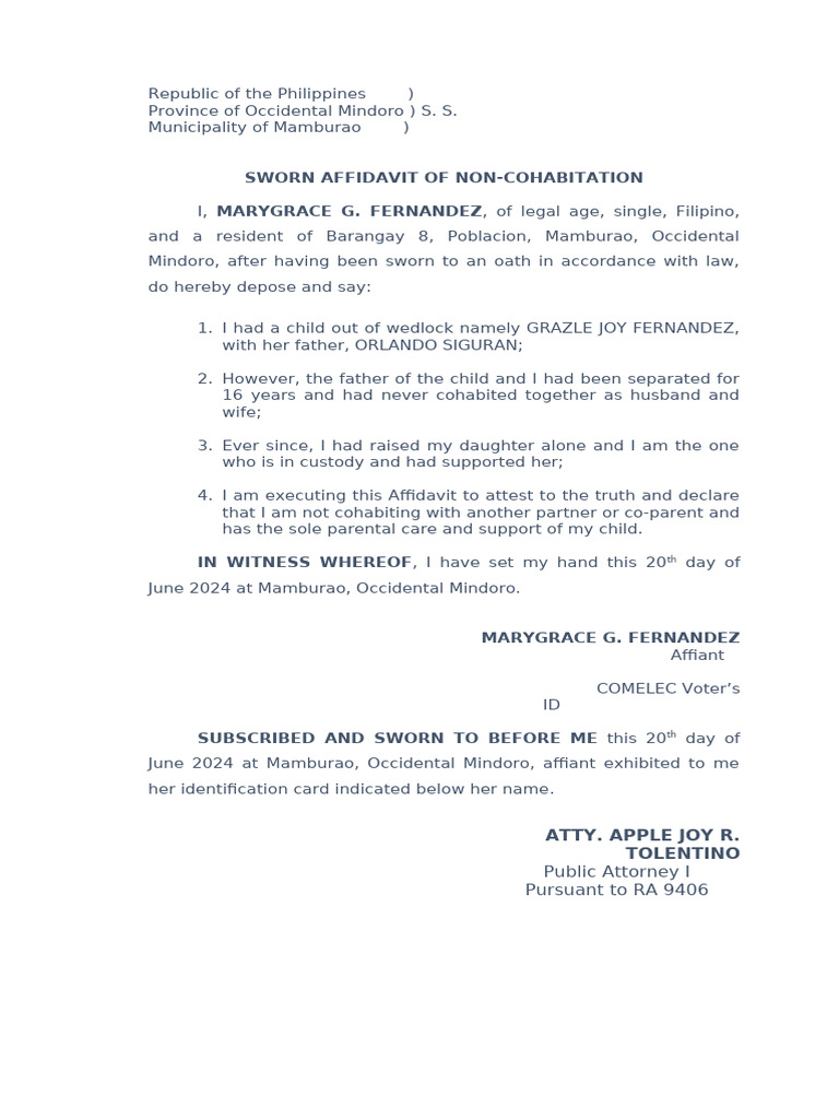 Affidavit of No-Cohabitation | PDF