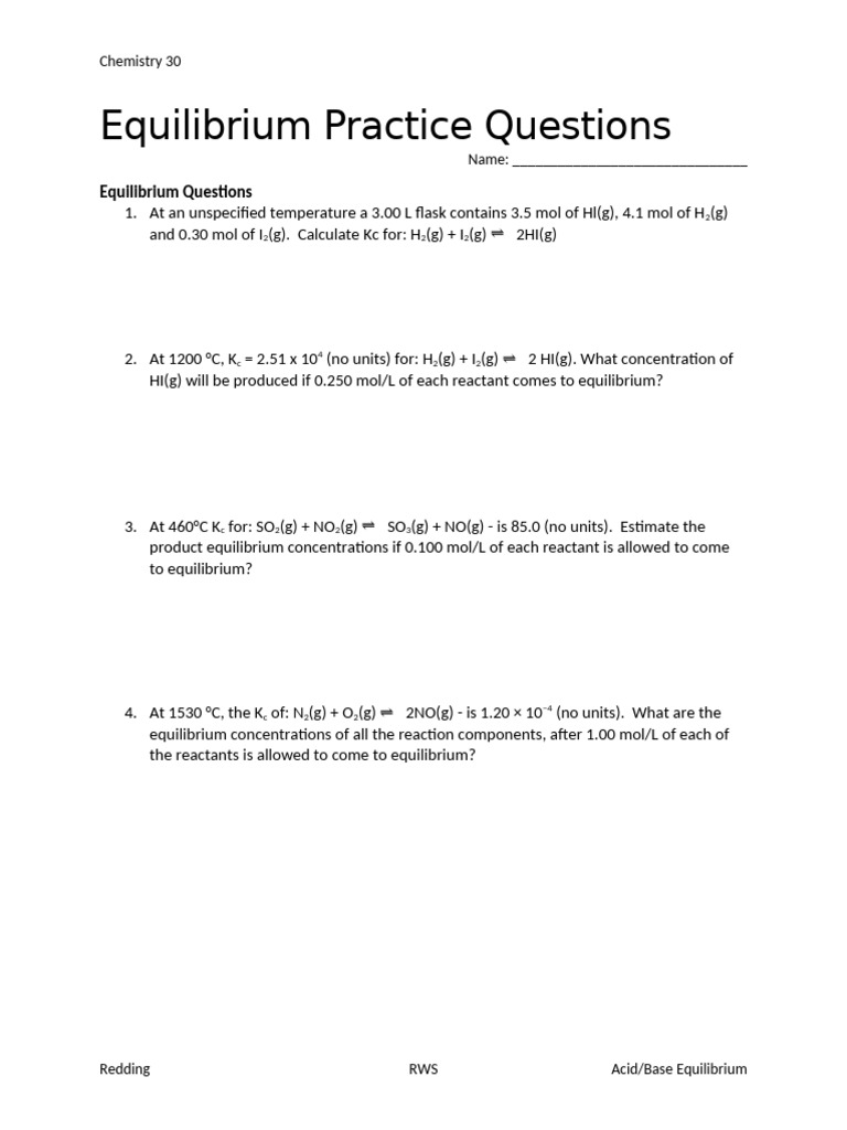 15.1 Equilibrium Practice Worksheet | PDF