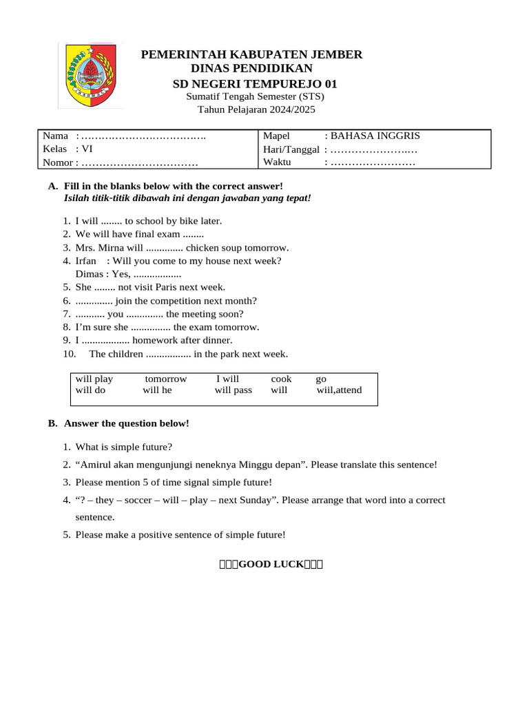 Soal STS B.ing KLS 66 | PDF
