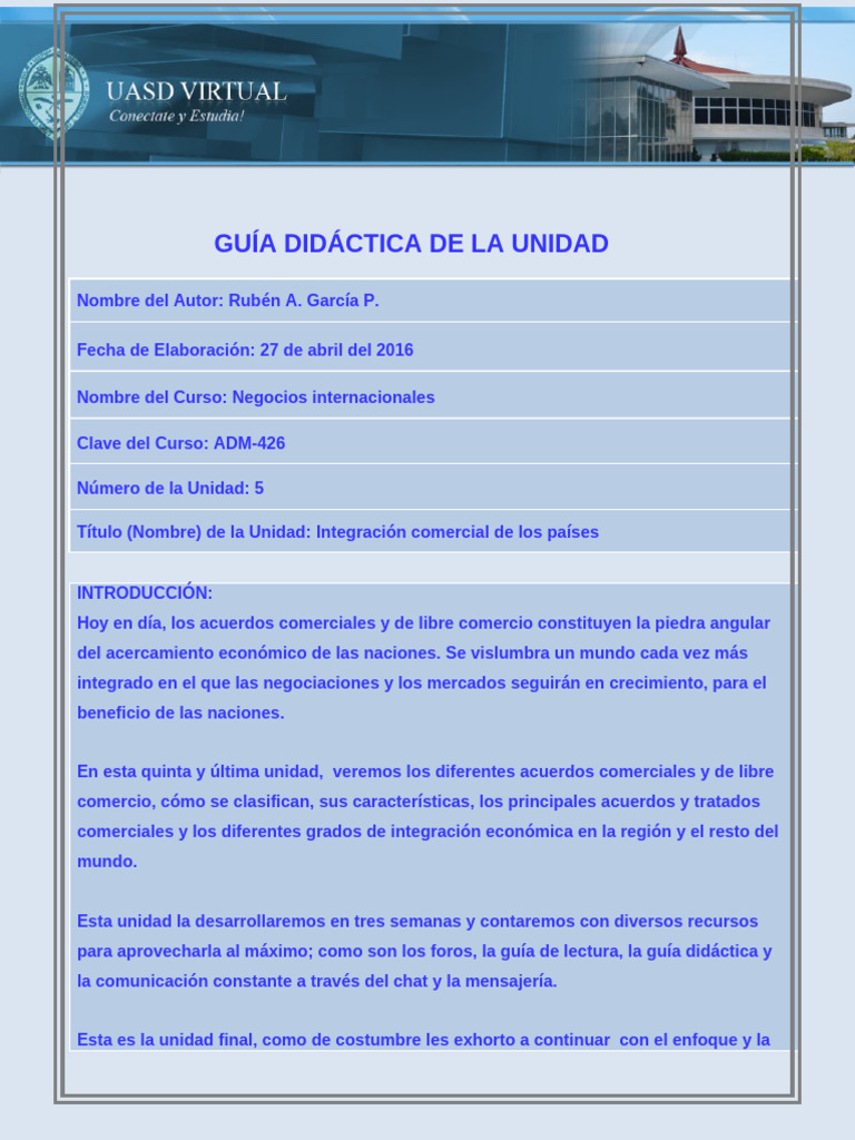 Formulario para Guia Didactica Unidad 5 Corregida | PDF | Negocios Internacionales | Integración ...