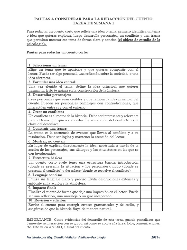 TAREA Sem1-PAUTAS A CONSIDERAR PARA LA REDACCIÓN DEL CUENTO | PDF