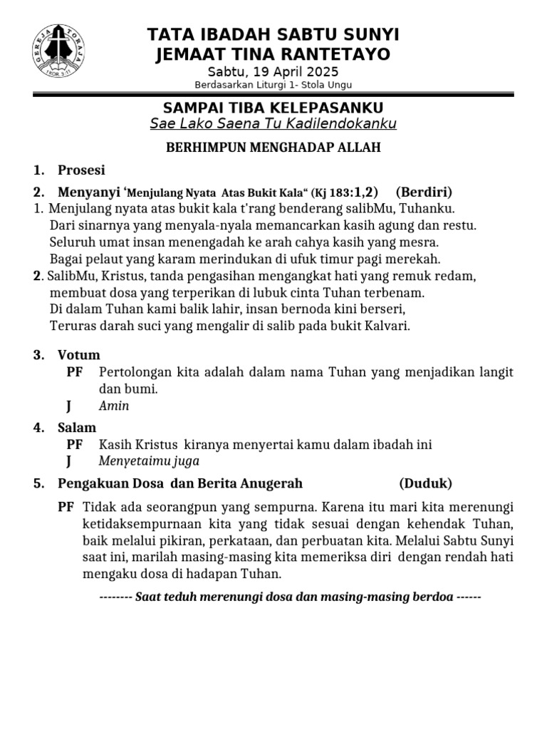 Tata Ibadah Sabtu Sunyi 19 April 2025 Lit. 1 | PDF